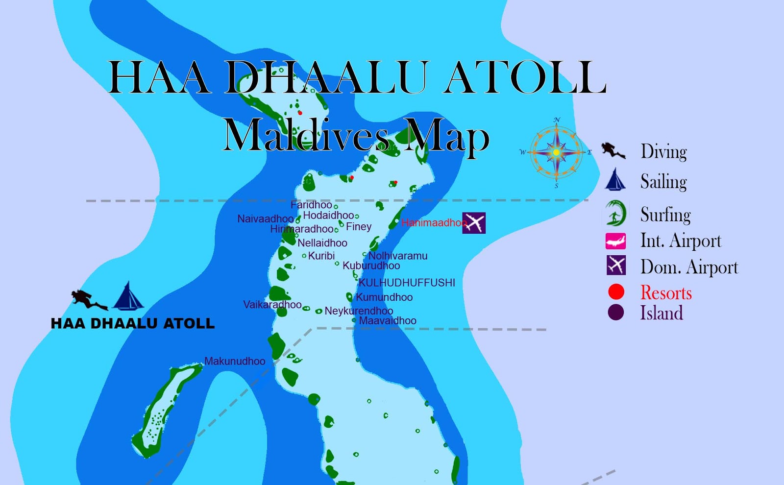 Maldives map (Haa dhaalu atoll) with Island name, resorts and hotel ...