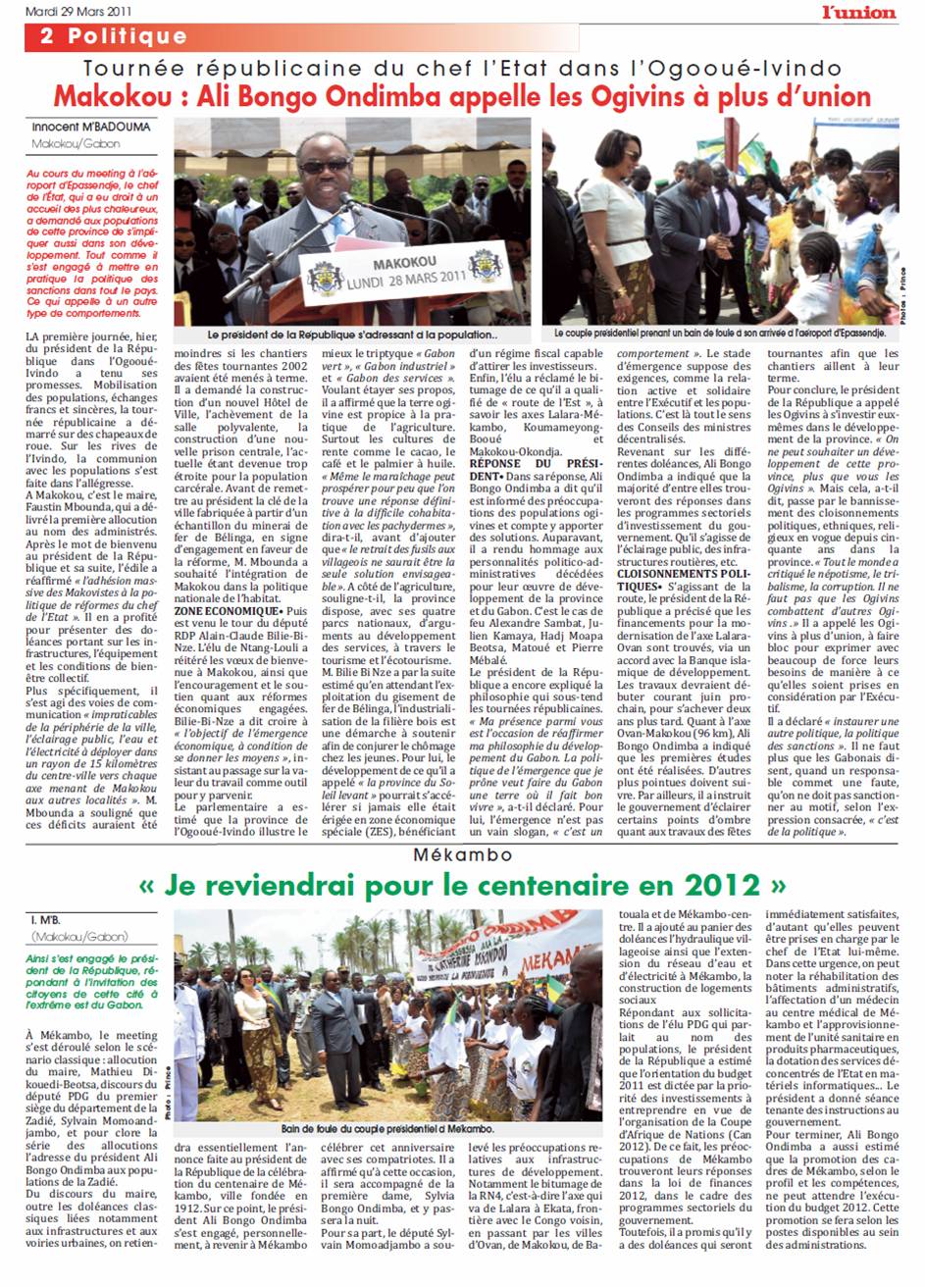 LES JOURNAUX DU JOUR : GABON MATIN ET L’UNION