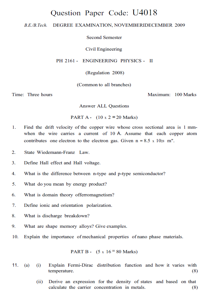 PH2161 Engineering Physics-II Nov Dec 2009 Question Paper - University ...