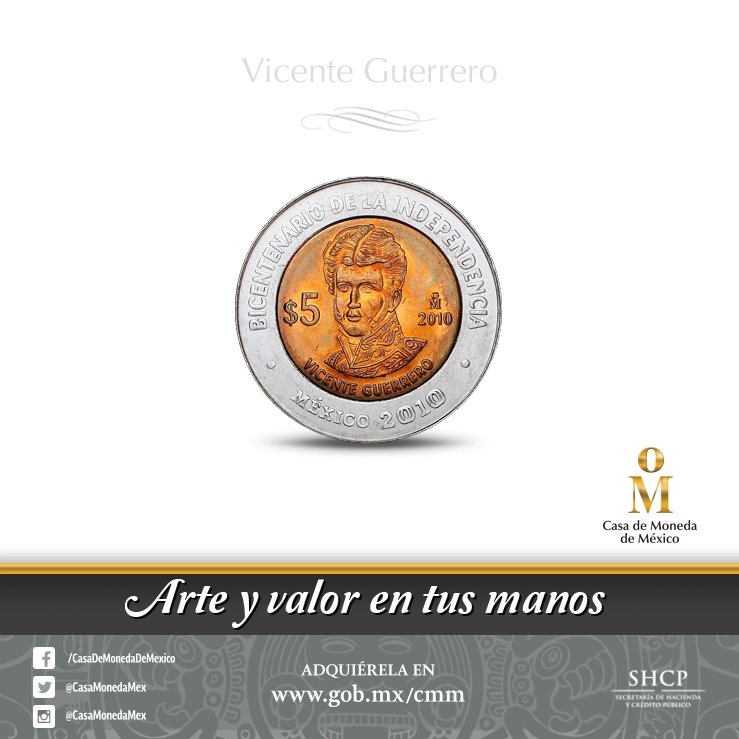 México: Moneda 5 Pesos Vicente Guerrero - Billetes y Monedas Mundiales ...