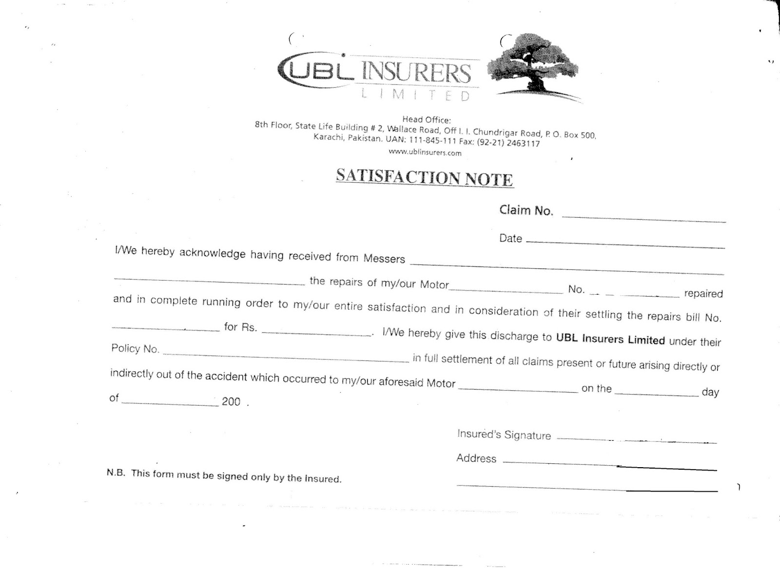 Classic Auto Zone: UBL Insurance Motor Claim Form