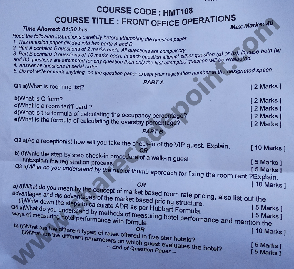 HMT108 : Front Office Operations Mid Term Exam Question Paper - HMT 108 ...