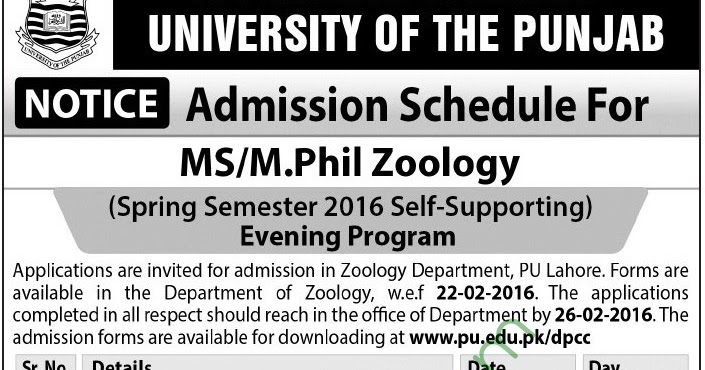 University Of The Punjab Admission Open For MS/M.Phil Zoology ...