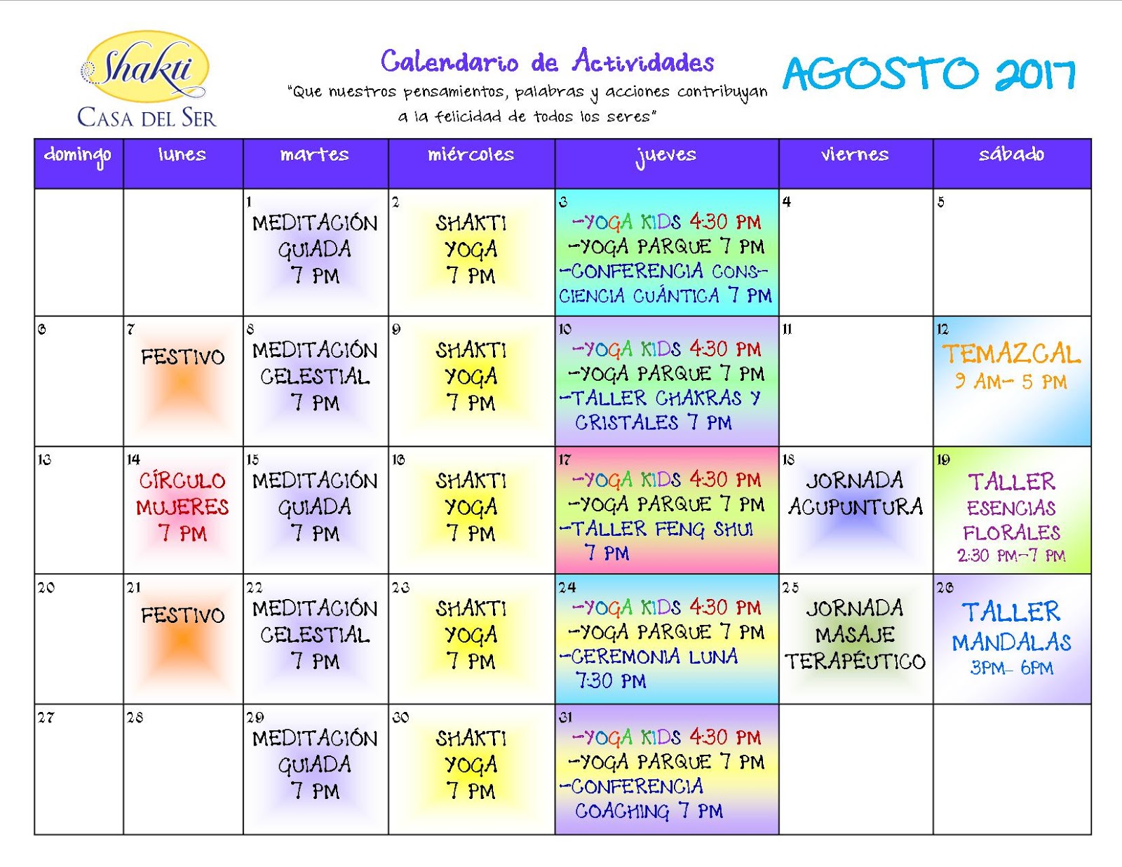 SHAKTI Casa del Ser: Calendario Agosto 2017