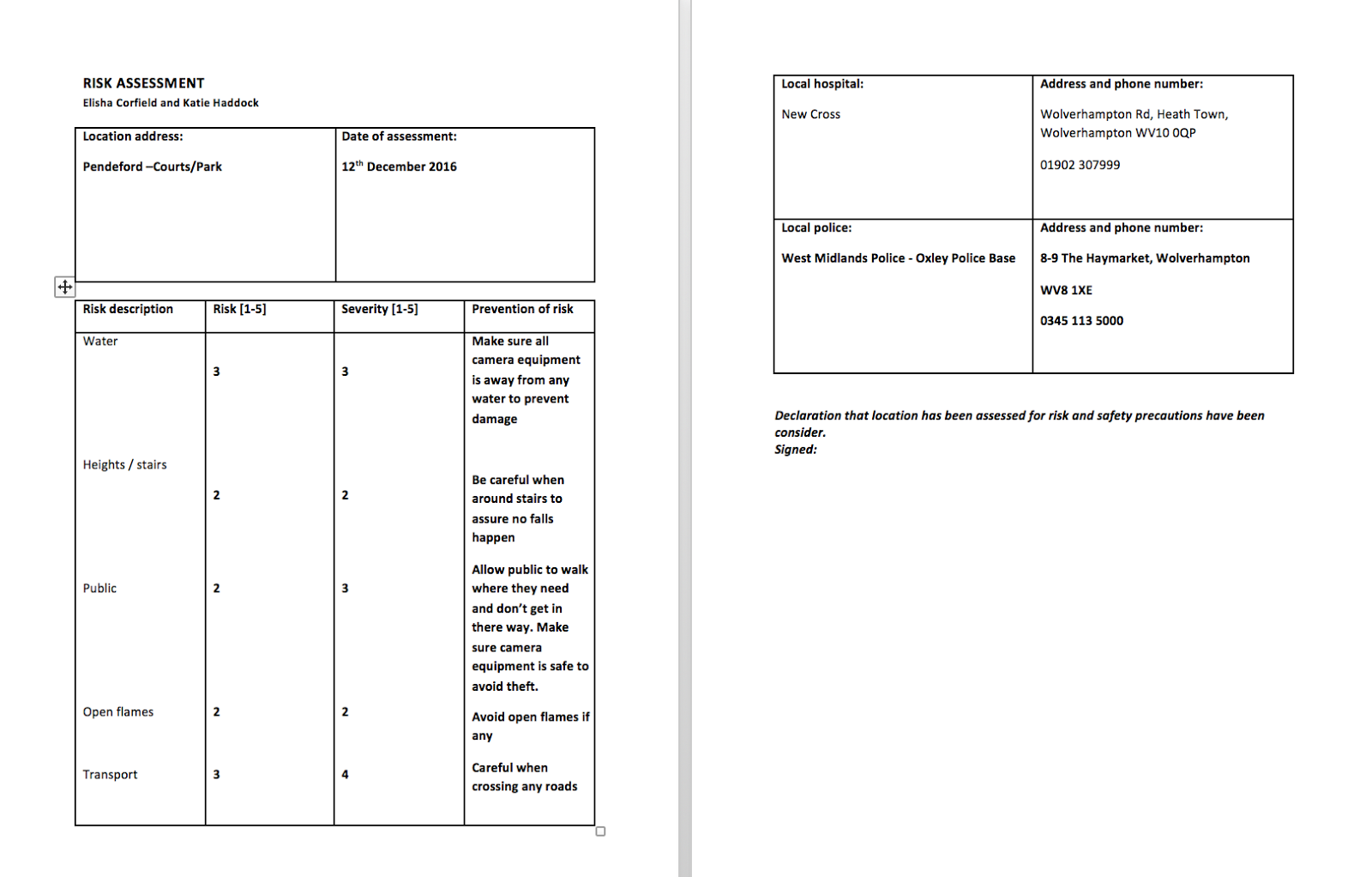Elisha Corfield Media A Level Blog: Location - Risk Assessments