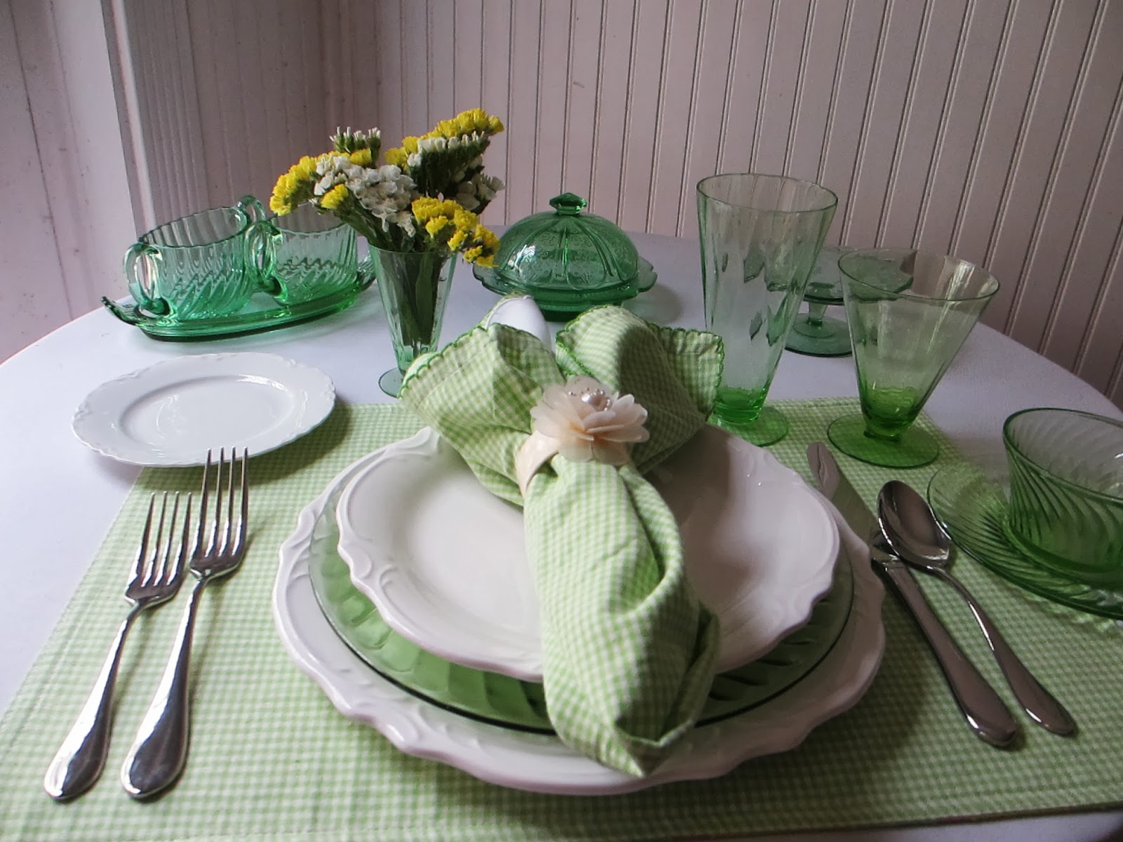 Table for One: Green Depression Glass Tablescape