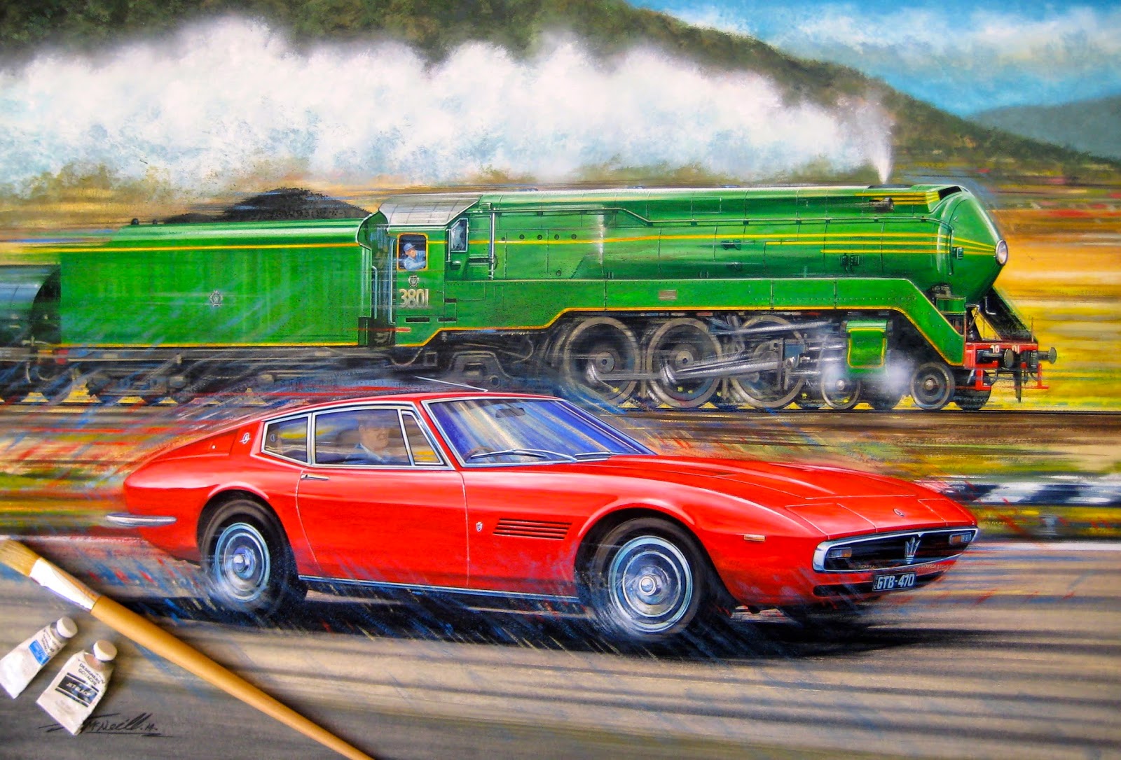 Greg McNeill Art: 1967 Maserati Ghibli and 3801 Steam Locomotive ...