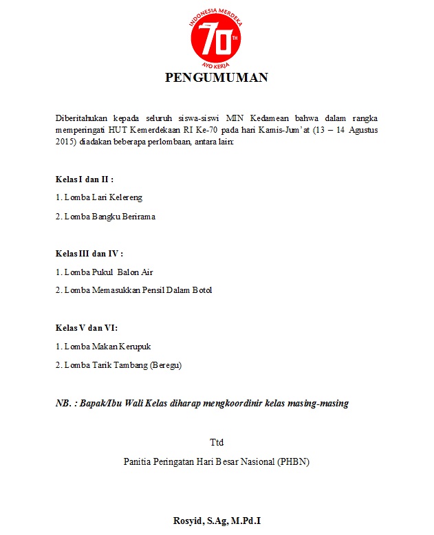 Pengumuman Lomba Dalam Rangka Peringatan HUT Kemerdekaan RI Ke-70 - MIN ...