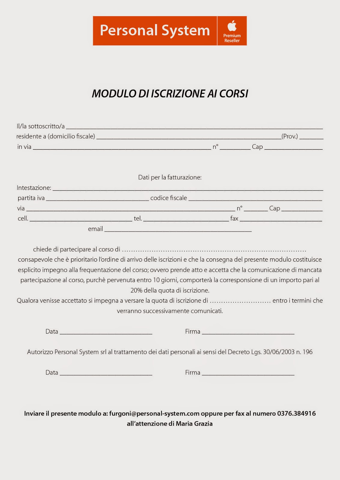 Modulo d'iscrizione ai corsi | Personal System Blog