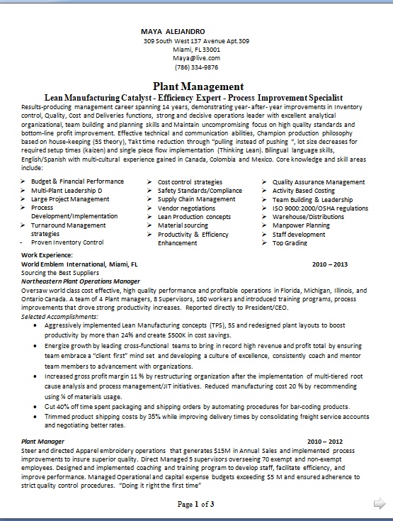 Plant Operations Manager Sample Resume Format in Word Free Download