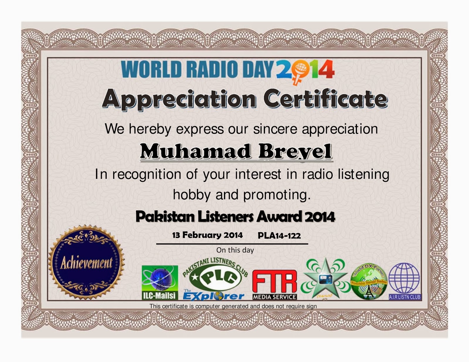SOUTH EAST ASIA DXING: World Radio Day Certificate from Pakistani ...