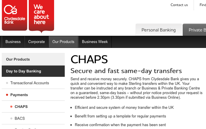 Off-at-a-Tangent: CLYDESDALE BANK 'CHAPS' MONEY TRANSFER CHARGE
