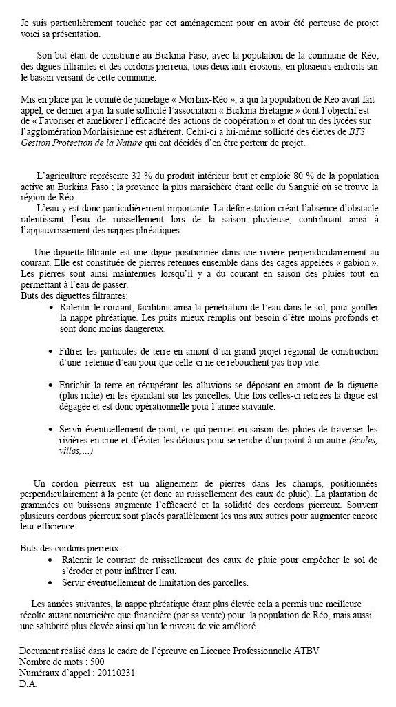 La Licence Pro ATBV: Digues filtrantes et cordons pierreux au Burkina Faso