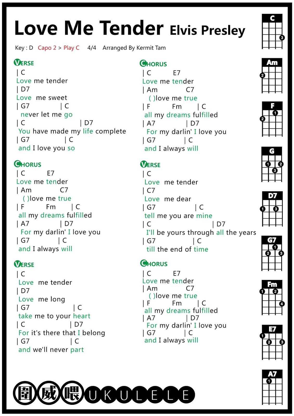 圍威喂 ukulele: Elvis Presley Love Me Tender [ukulele tab]