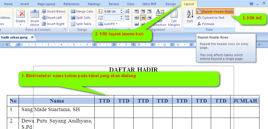 Cara Mudah Mengulang Judul Kolom Tabel di Word | SEKARRINGIDEP