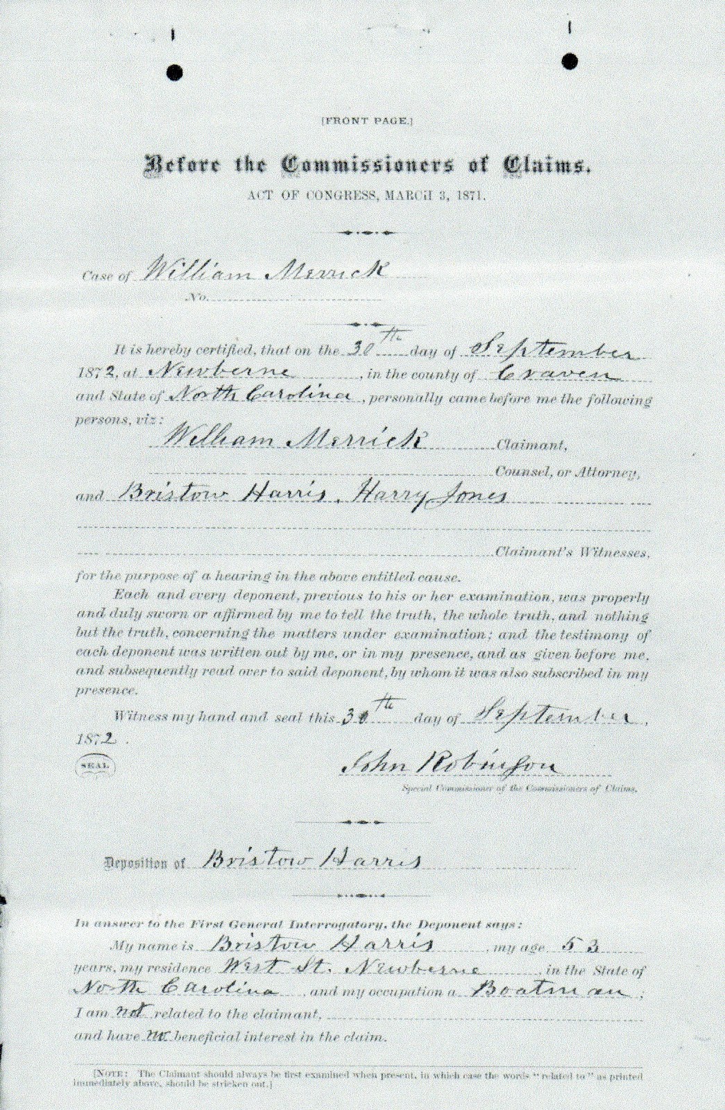 Amanuensis Monday: Deposition Of Bristow Harris Found In A Southern ...