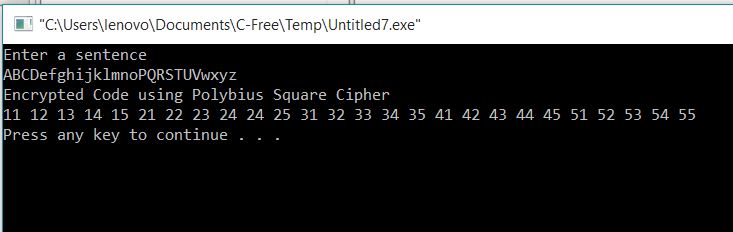 All C Programs: Program 215:Encryption using Polybius Cipher in C