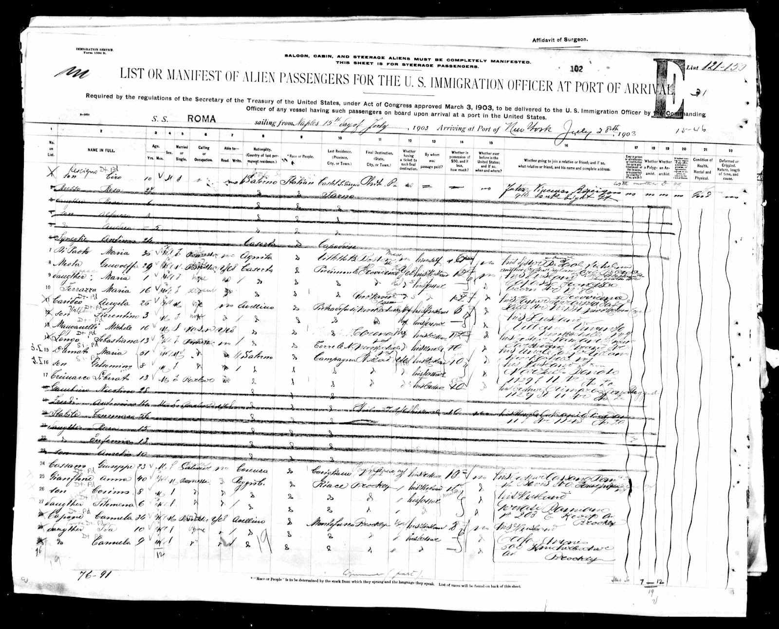 The Genealogy of Torre le Nocelle, Italy: Ship Manifest: SS Roma 28 ...