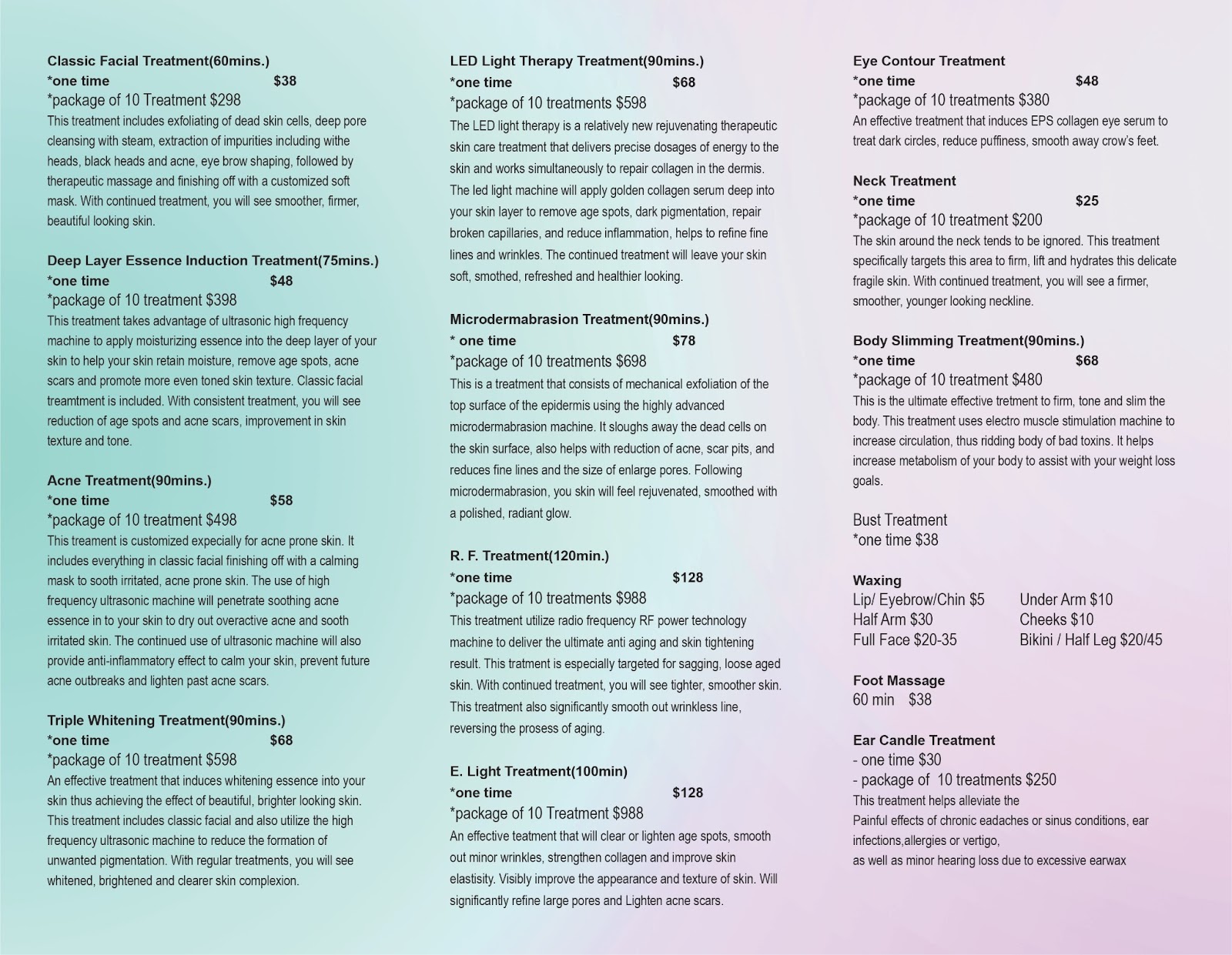 Crystal Spa: Our Spa Menu