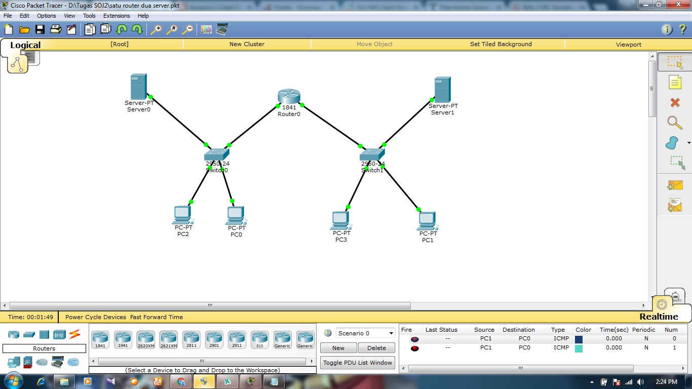 menghubungkan 2 switch dengan 1 router (sistem Operasi Jaringan)