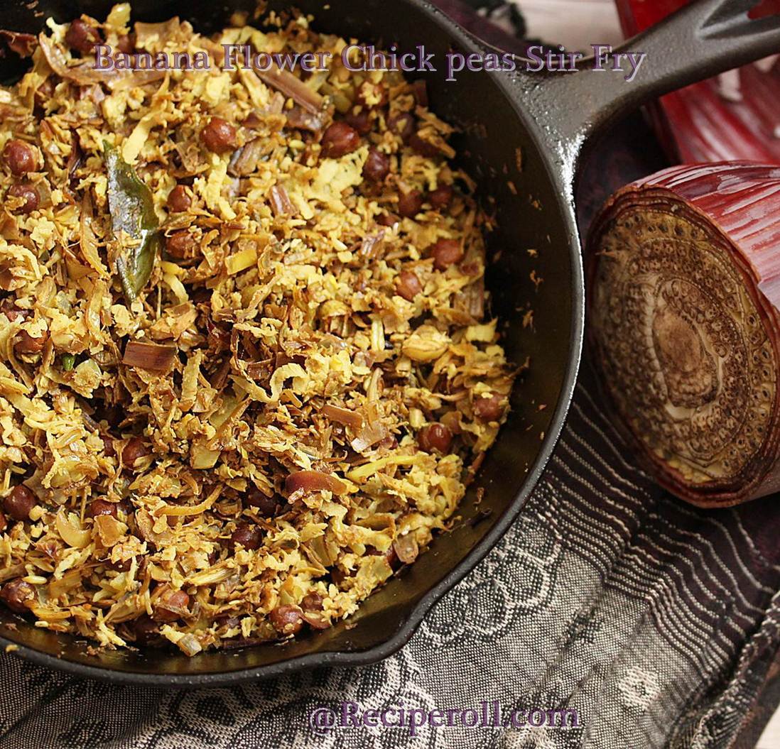 Banana flower stir fried with black channa | Koombu Kadala Thoran