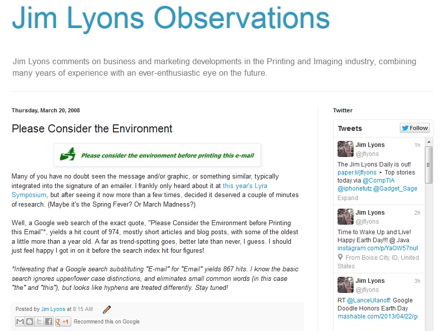 Jim Lyons Observations: April 2013 Observations - Please consider the environment...