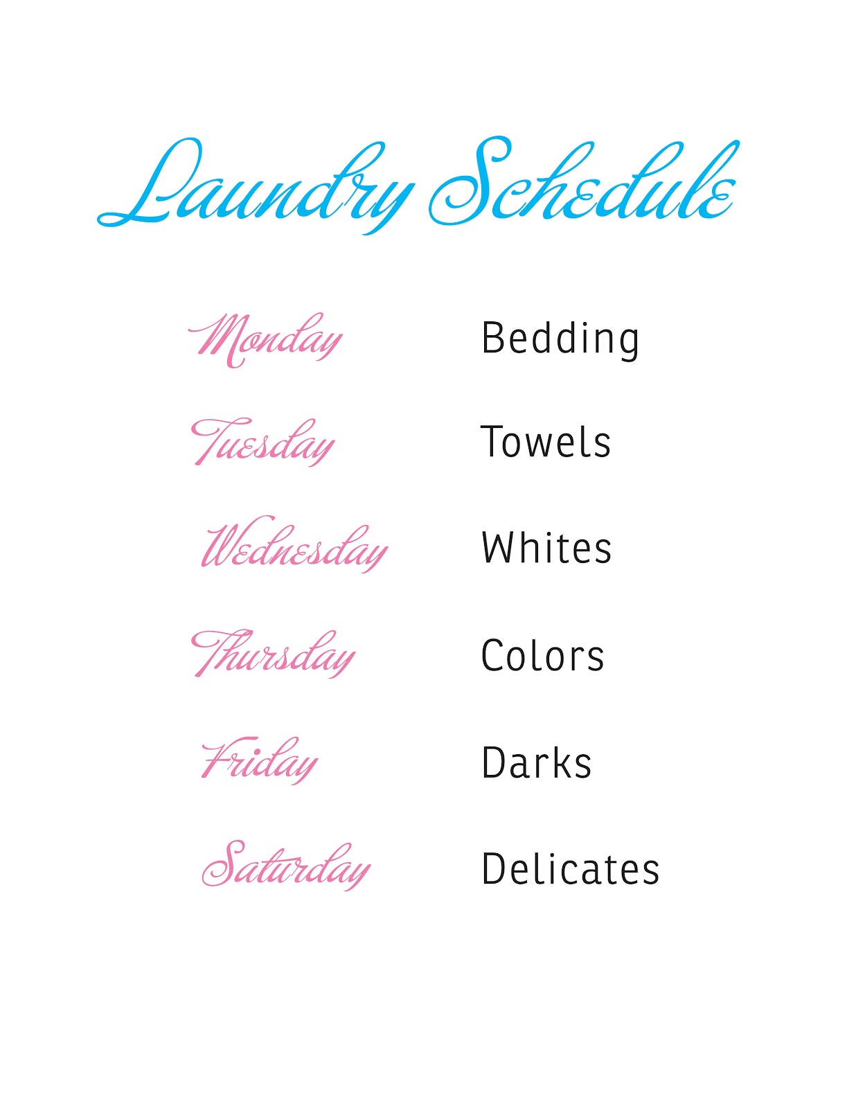 Laundry schedule, Cleaning schedule, House cleaning checklist