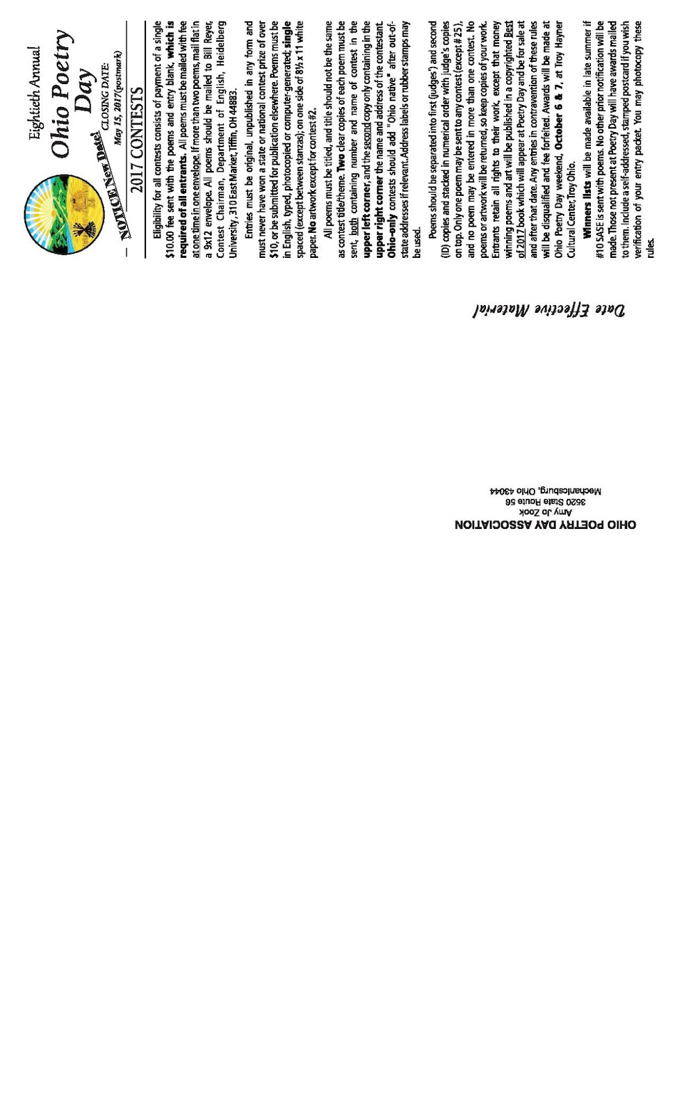 Ohio Poetry Day Contest -- May 15, 2017 Deadline for Submissions