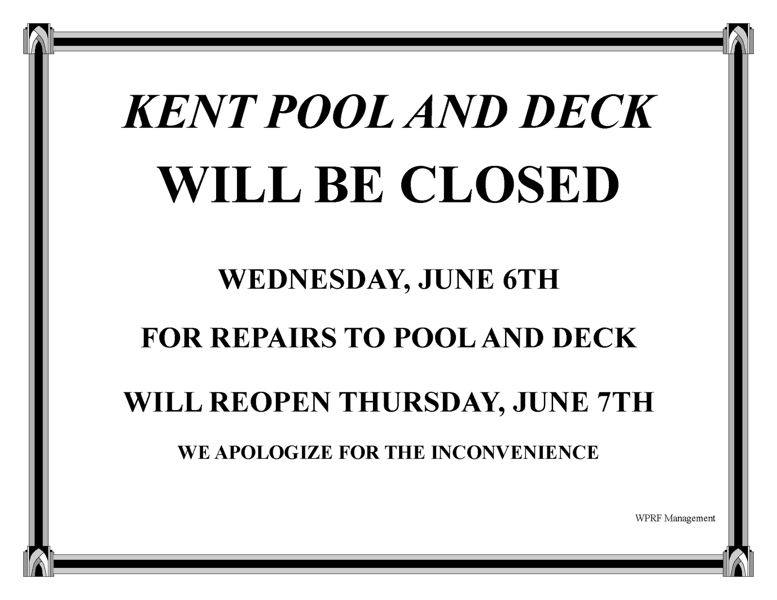 OUR VILLAGE in West Palm Beach : WPRF NOTICE - KENT POOL CLOSING