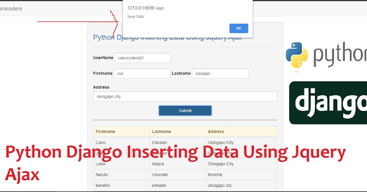 Python Django Inserting Data Using Jquery Ajax | Tutorial101