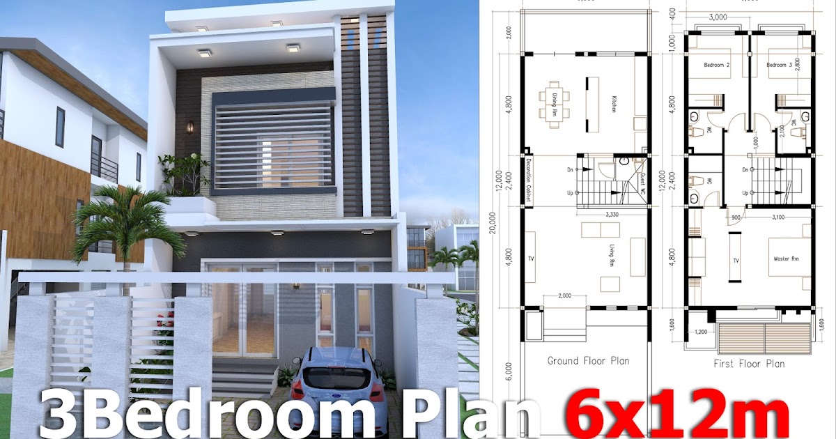 SketchUp Modern Home Plan 6x12m with 3 Bedroom. - House Plan Map