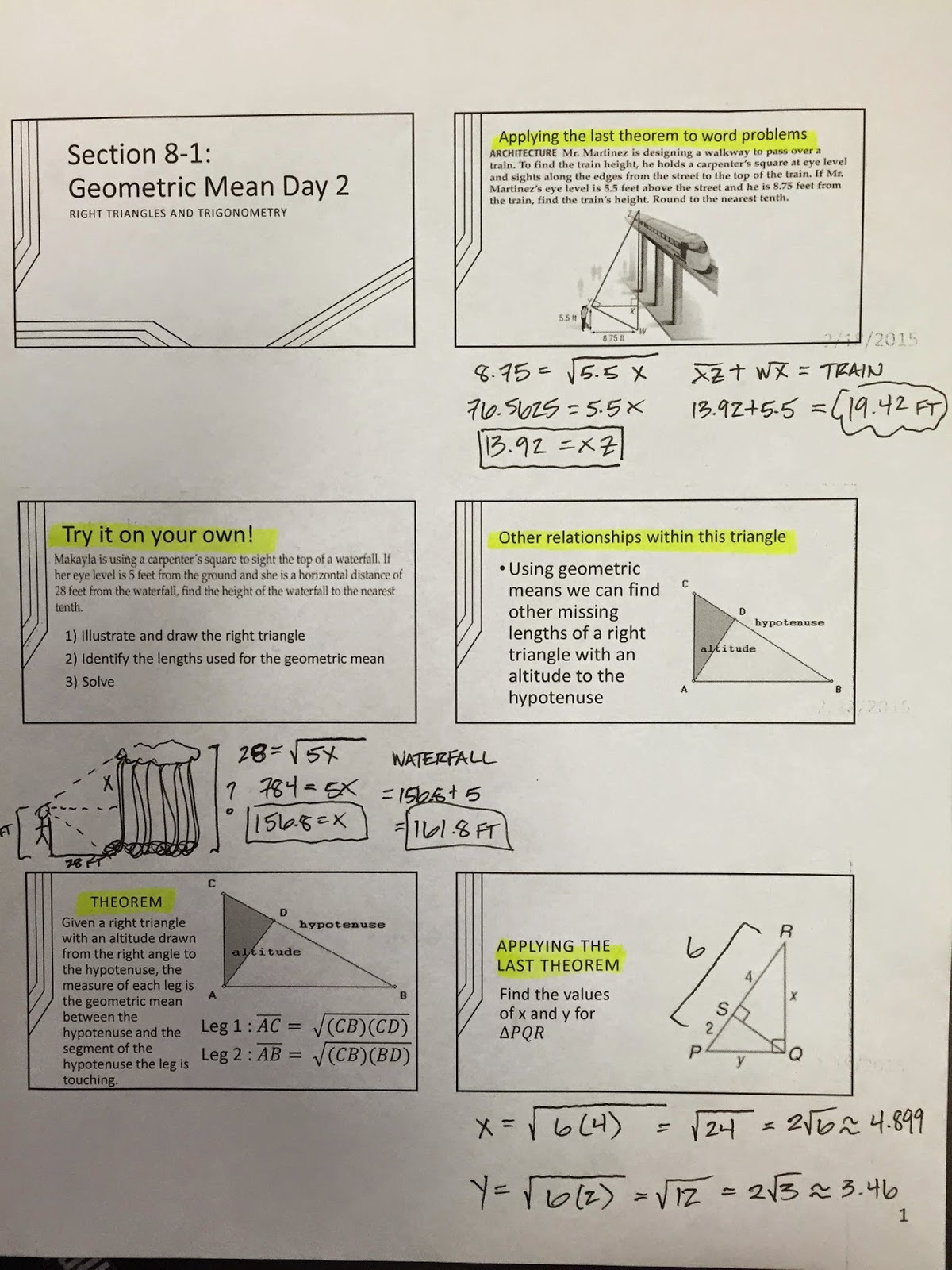 Honors Geometry - Vintage High School: Section 8-1 DAY 2 Honors Geometry - Vintage High School: Section 8-1 DAY 2