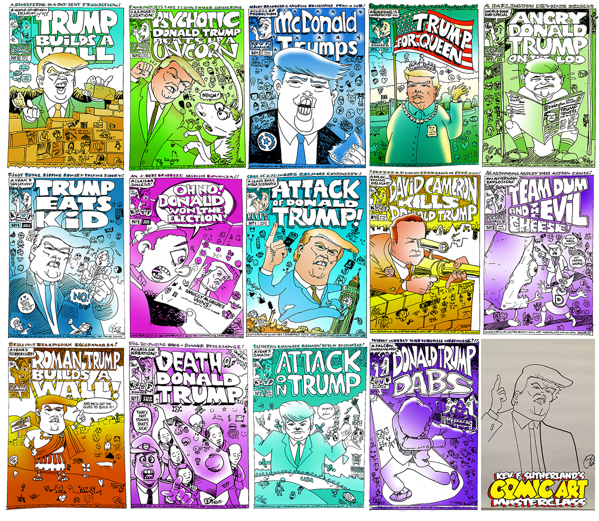 Kev F comic art: Trumpocalypse - a wall of Trump comics by kids