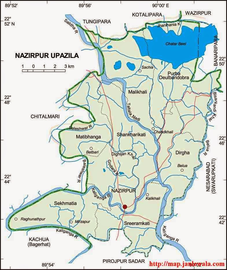 Nazirpur Upazila Map, Pirojpur District, Bangladesh
