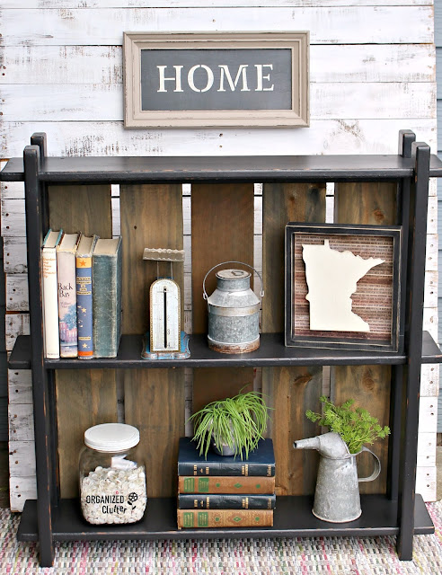 Up-cycled Open Book Shelf with Stencils & Fence Boards - Organized Clutter