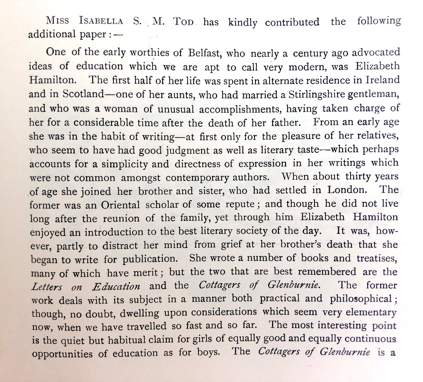 Isabella Tod on Elizabeth Hamilton, in the Ulster Journal of ...