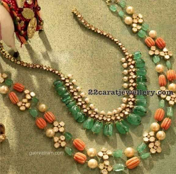 Red Coral and Emerald Drops Sets - Jewellery Designs