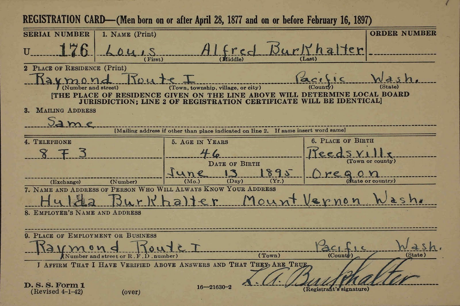 Sleepy Meadow Farm: WW2 Draft Card: Louis Alfred Burkhalter