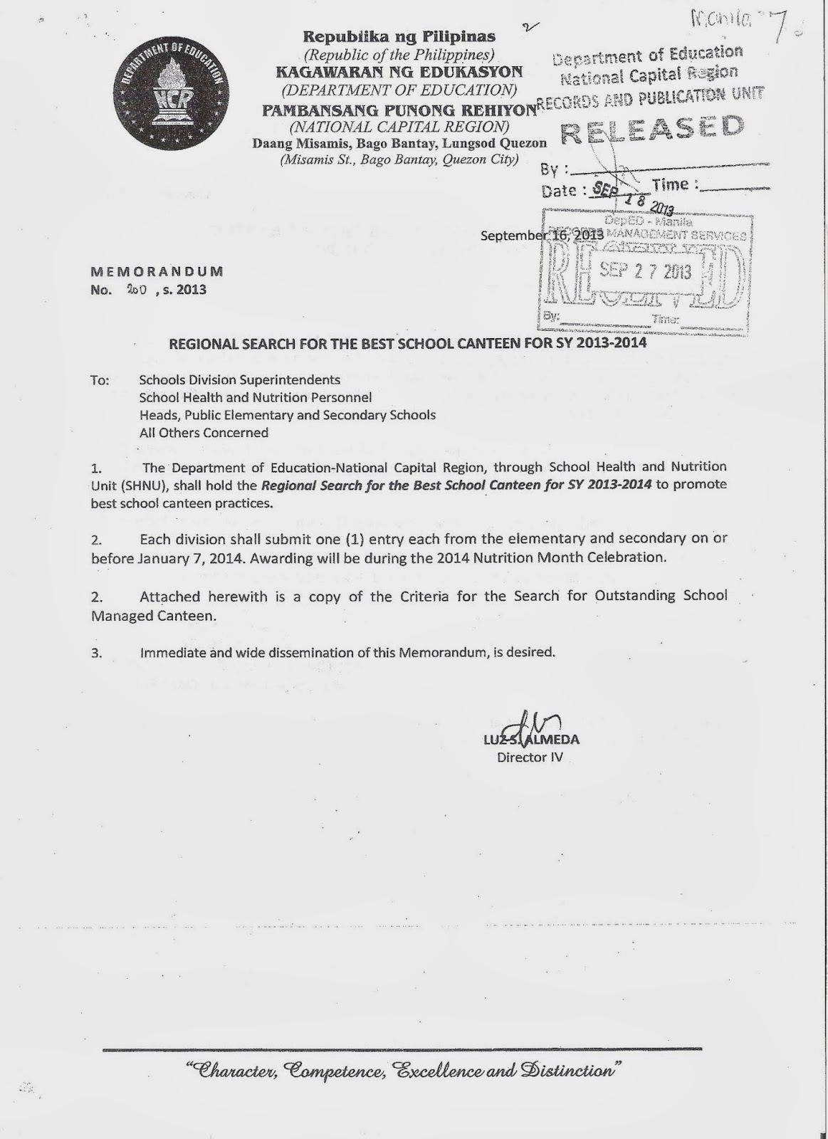Department of Education Manila: Division Memorandum No. 567 REGIONAL ...