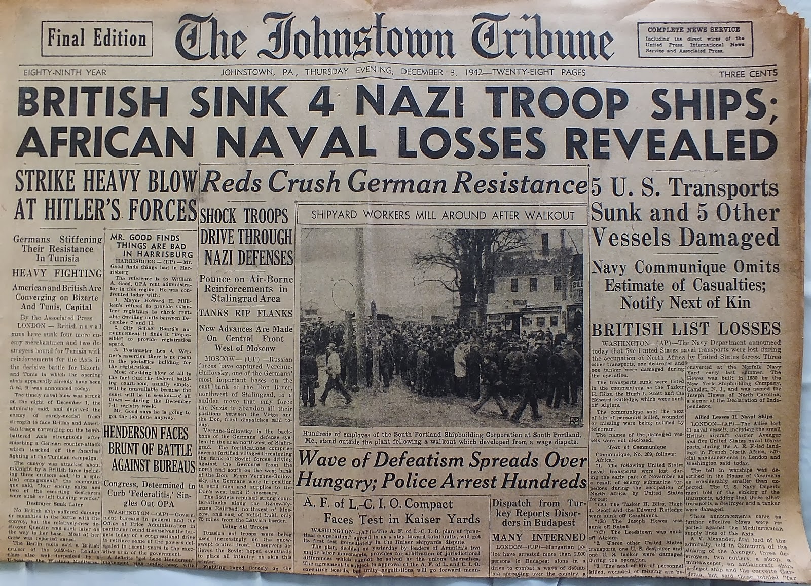 The Johnstown Tribune - WWII: December 3, 1942: BRITISH SINK 4 NAZI ...