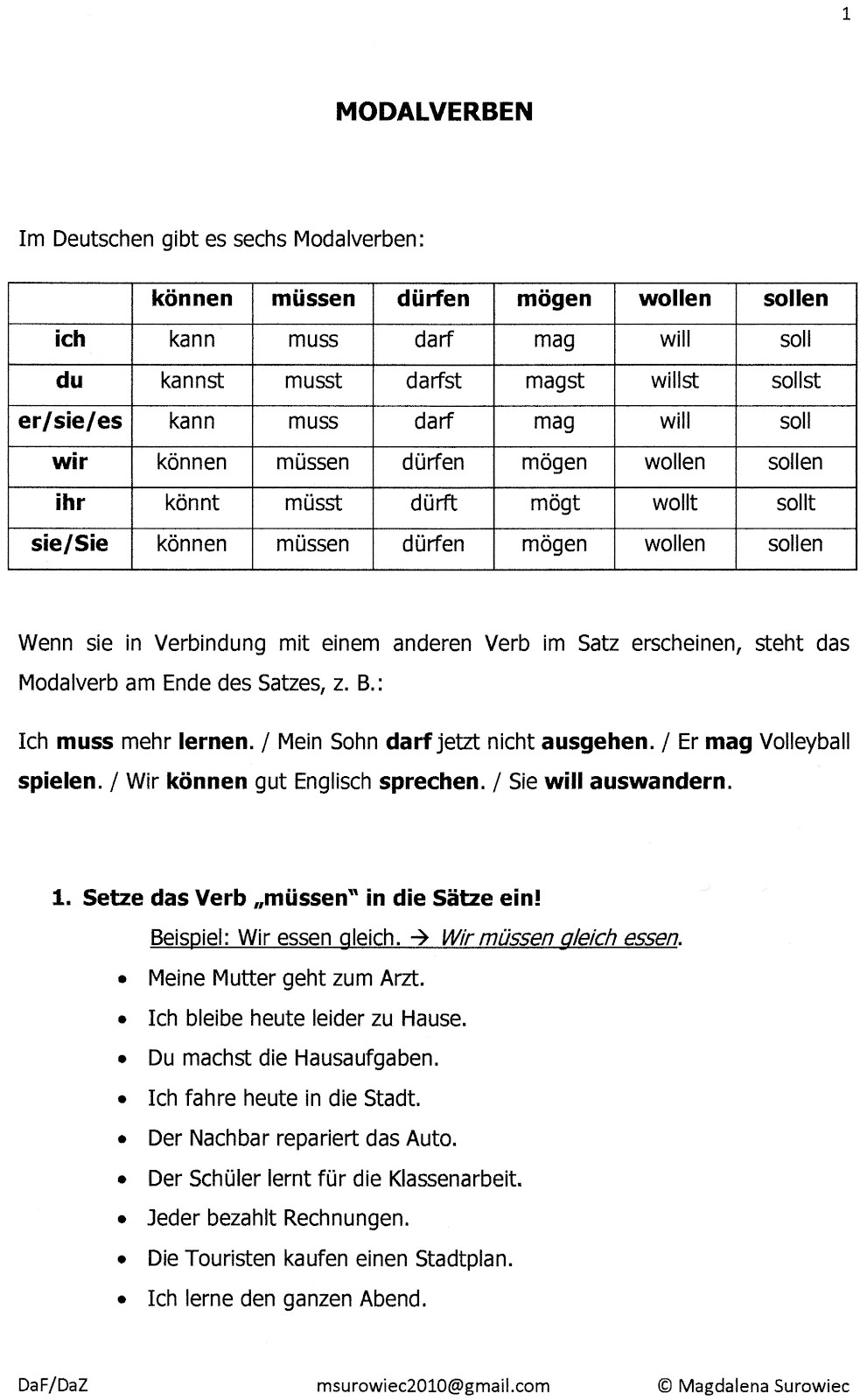 "Aspekte der Germanistik": Modalverben: Konjugation und Übungen