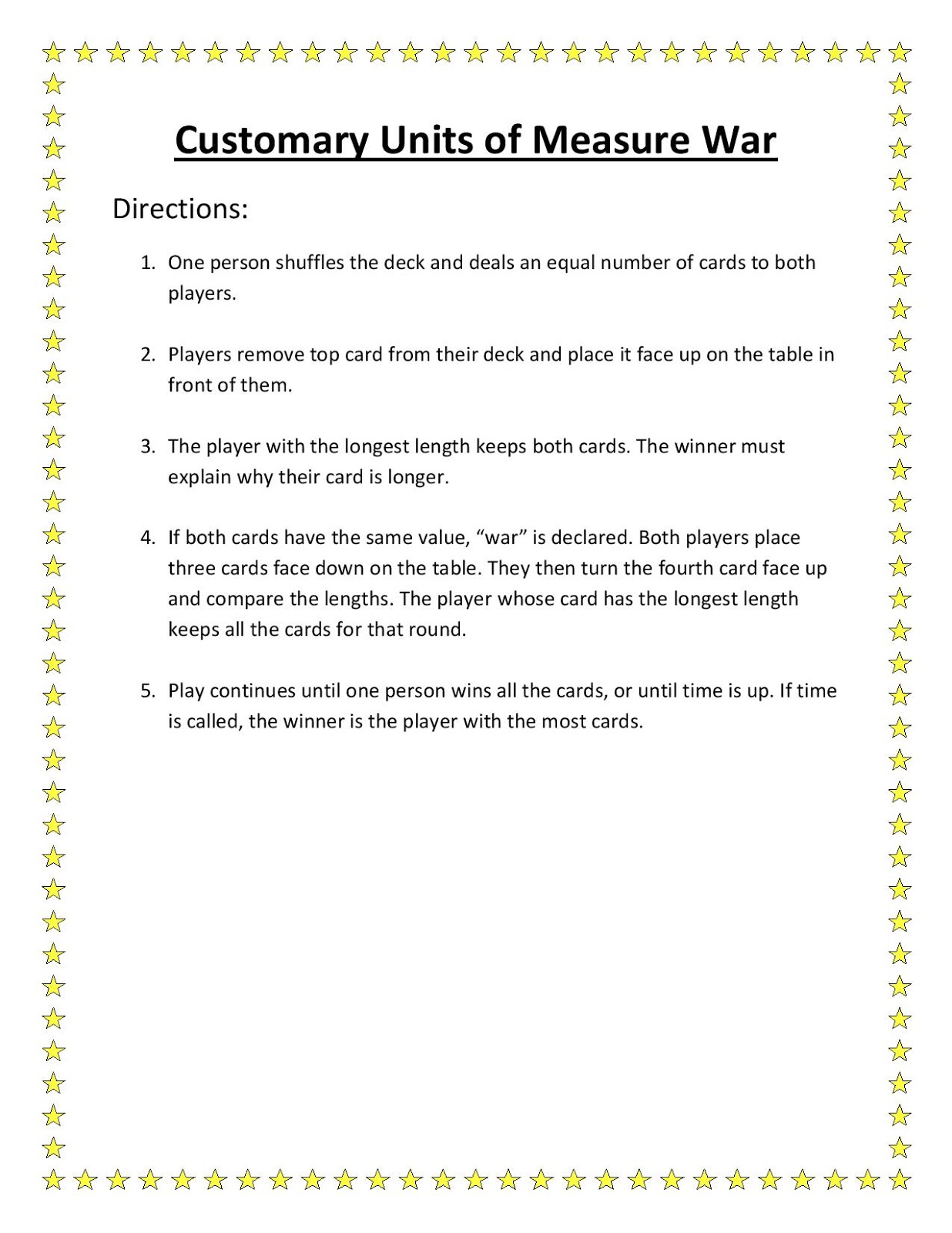 Hunter's Tales from Teaching : Math Game-Customary Units of Measure War