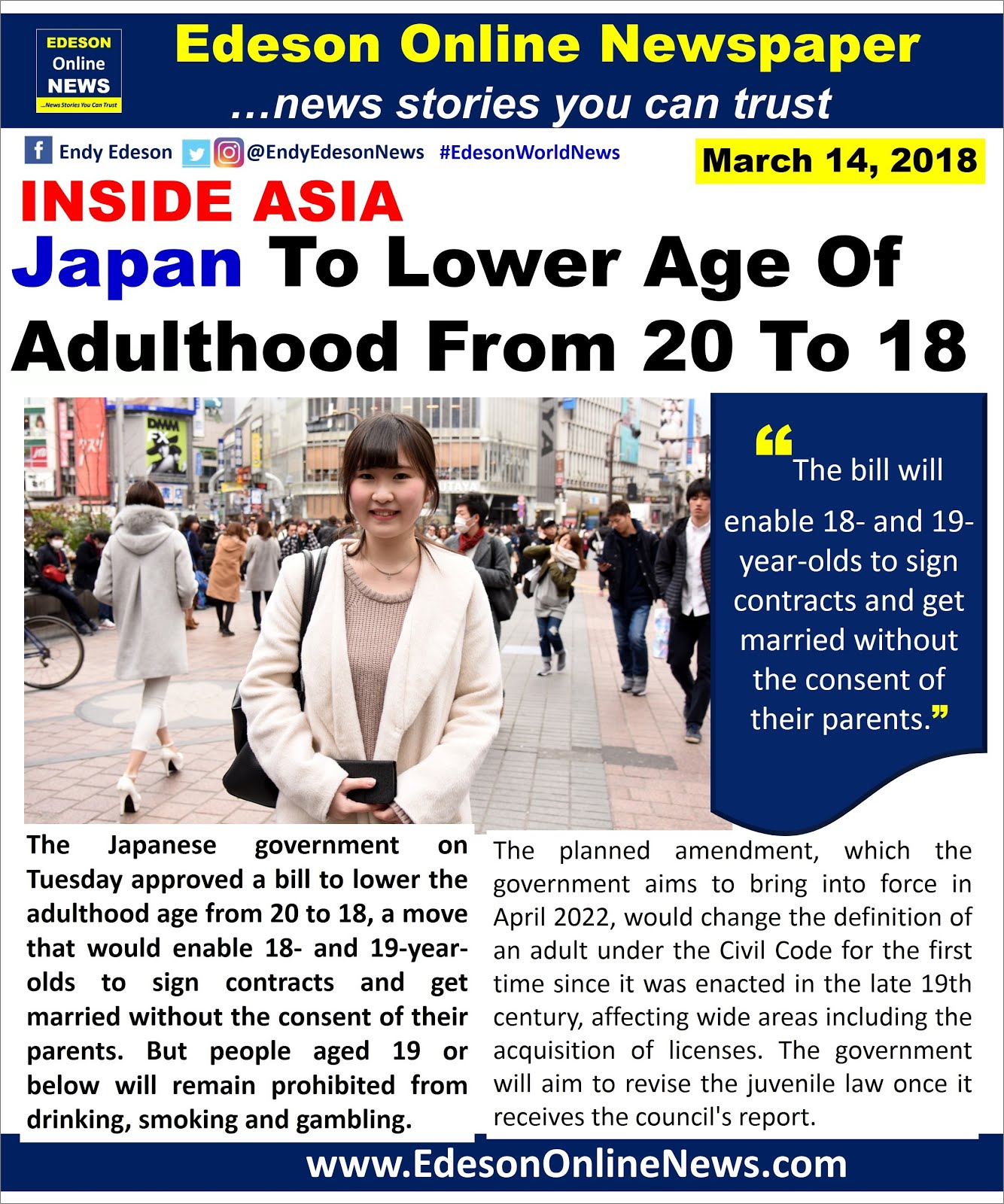Edeson Online News: Japan To Lower Age Of Adulthood from 20 To 18