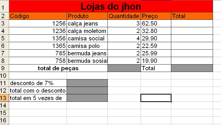 Exercício de Excel | prof jhon