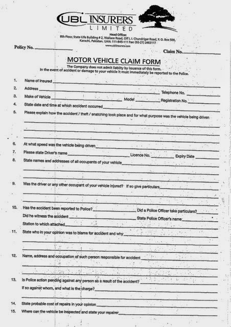 UBL INSURANCE CLAIM FORM & SATISFACTION NOTE