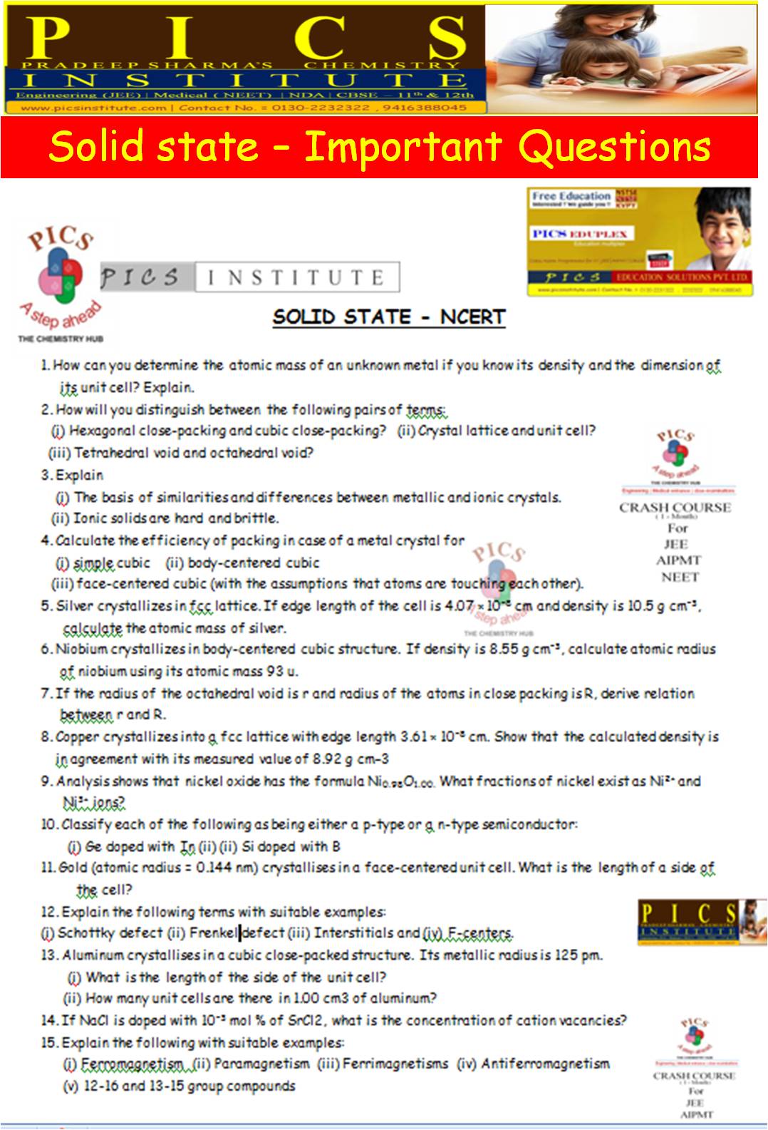 Solid state Chemistry Class XII - Important Questions