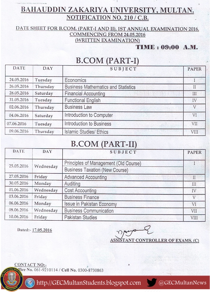 Date Sheet for B.Com. (Part-I & II) 1st Annual Examination 2016 - Govt ...