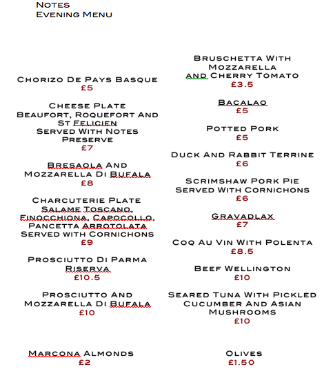 Notes Covent Garden: Evening Menus