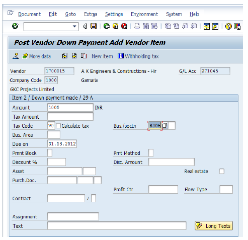 F-48 Down Payment Vendor (AP) - SAP