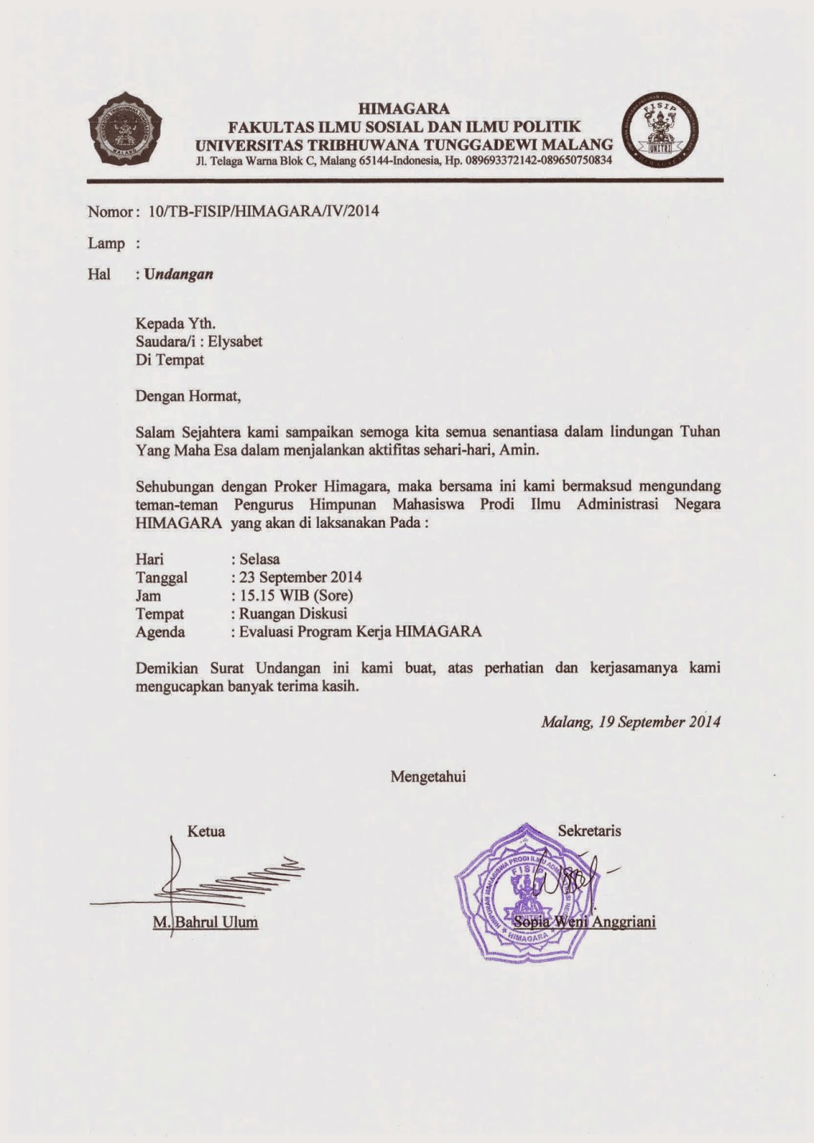 Model surat resmi Himagara Unitri